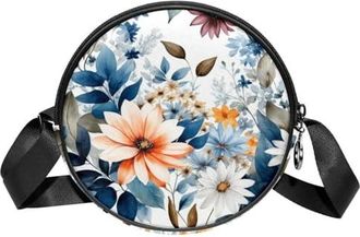 Generic Petit sac &agrave; bandouli&egrave;re circulaire pour femme, motif feuilles florales, sac &agrave; dos avec fermeture &eacute;clair, bretelles r&eacute;glables, sac &agrave; main rond d&eacute;contra