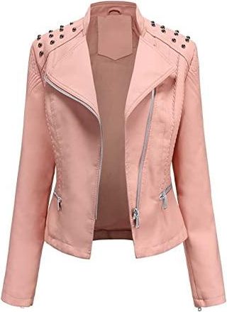 Generic Vestes pour femmes 2026 pour femmes, veste de moteur &agrave; revers avec fermeture &eacute;clair, hauts courts punk courts, rose, XXL