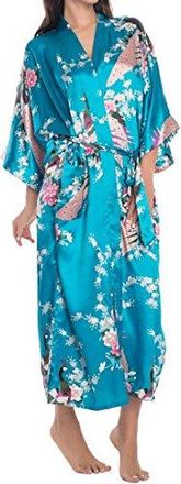 Feoya Kimono Rétro Peignoir Japonais Robe De Pyjama Femme Sexy Nuisette - Robe de Chambre Longue Imprimé - Bleu - Taille XL