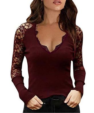 Onsoyours Hauts Femme Tops Col en V Mode Blouse Dentelle Manches Longues T-Shirts Chic Couleur Unie Shirt &Eacute;l&eacute;gant Tunique L&acirc;che Mousseline Chemise Blouse B Vin 