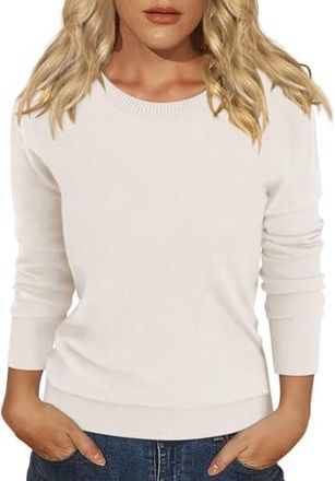 Minetom Pull Femme Chic Chaud Couleur Unie Col Rond Hauts Manche Longue Pullover en Tricot Hiver Leger Chic Et Elegant A Beige L