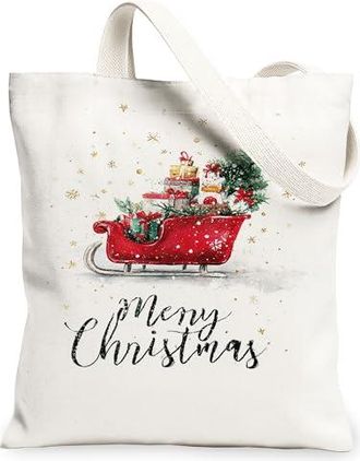 Generic Sacs fourre-tout en toile de tra&icirc;neau de No&euml;l, sacs r&eacute;utilisables &agrave; motif d&eacute;coratif, vintage l&eacute;ger et lavable avec bandouli&egrave;re Ca, blanc, 13x15 Inch