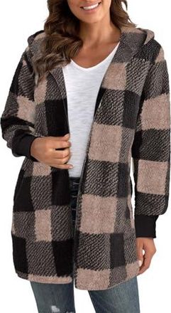 Generic Chandail en molleton moelleux pour femme, manteau dhiver chaud en peluche, cardigan tendance à carreaux pelucheux pour la vie quotidienne, cadeaux de 