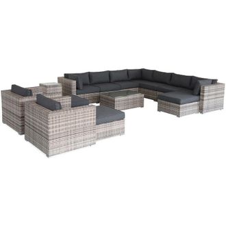 Sweeek Salon de jardin en r&eacute;sine tress&eacute;e XXL - Tripoli - Coussins - 12 &agrave; 14 places Nuances de gris / Gris