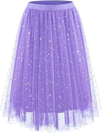 Generic Jupe en tulle pour femme - Jupe midi - Jupe trap&egrave;ze - Jupe en maille - Taille haute &eacute;lastique - Jupe dHalloween - T-shirt pour, lilas, XL