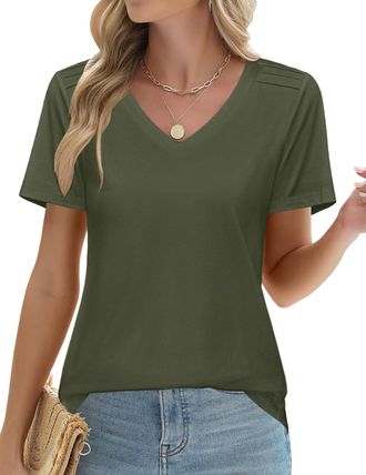 Zeagoo Damen Tshirt Sommer Kurzarm Casual T Shirt V Ausschintt Oberteile Elegant Plissee Shirts Einfarbig Basic Tops Armeegr&uuml;n L