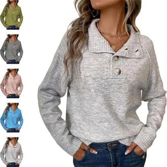 Generic Pull à col montant boutonné en tricot torsadé pour femme, col montant boutonné décontracté à manches longues, pull ample, gris clair, XL