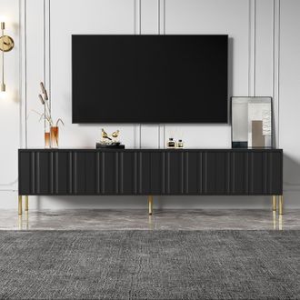 Generic QXJVA TV-Schrank 190 cm Schwarz Lowboard mit Goldenen Beinen TV-M&ouml;bel Rillen-Front Sideboard 4 T&uuml;ren Fernsehtisch TV-Bank Soft-Close Modernes Design W