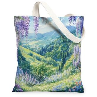 Generic Sac fourre-tout en toile de glycine printani&egrave;re pour le shopping, 33 x 38 cm, motif fleurs de campagne, arbre r&eacute;utilisable, sac d&eacute;picerie pour femme, 