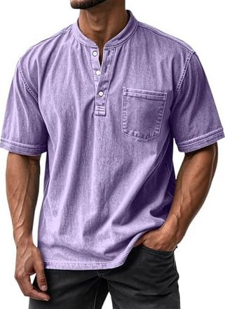 Generic Polo en coton pour homme, grande taille, col rond 1/4 bouton, avec poche poitrine, coupe confortable, couleur unie, t-shirt Henley pour l&eacute;t&eacute;, la plage