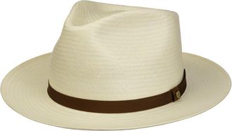 Stetson Fallkirk Fedora Toyo Strohhut Naturfarbener Hut mit braunem Ripsband Klassischer UV-Schutz 40 Unisex Fr&uuml;hjahr Sommer wei&szlig; XXL (62-63 cm)