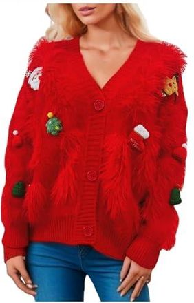 Generic 2026 Vestes de No&euml;l pour femmes &agrave; trois d&eacute;corations de No&euml;l Cardigan &agrave; boutonnage Veste Pull, Rouge, XL