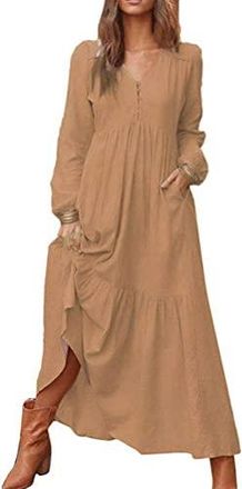 Minetom Robe Longue Femme Manches Longues Grande Taille Robe Maxi de Soirée Col V Casual A-Ligne avec Poches Hiver Printemps Dress Jaune Foncé 40