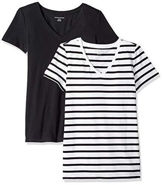 Amazon Essentials T-Shirt Col en V, à Manches Courtes, Coupe Standard Femme, Lot de 2, Blanc Rayures/Noir, XXL