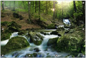 Wallario Outdoor-Poster für Garten oder Balkon Fließender Bach im Wald bei Sonnenuntergang, Motivbanner Größe: ca. 80 x 120 cm, Outdoor-Bild