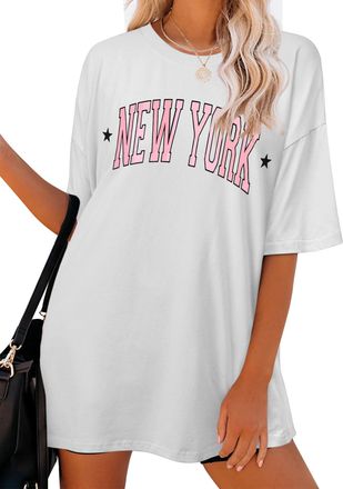 Dresswel Oversized T Shirt Damen New York Brief drucken Vintage T-Shirt Kurzarm Rundhals Sommer Oberteile Lose Bluse Lang Tunika Top f&uuml;r Teenager M&auml;dchen