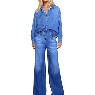 Generic 2026 Ensemble de Pyjama en Jean pour Femme, Pantalon Ample d&eacute;contract&eacute;, Haut boutonn&eacute; Confortable, v&ecirc;tement de Nuit en Jean Extensible Doux pour Femme