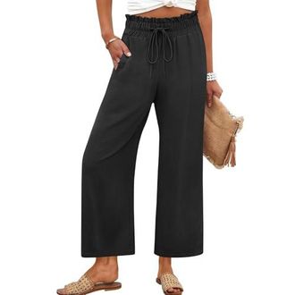 Generic Pantalon d&eacute;t&eacute; 3/4 en mousseline pour femme - Pantalon d&eacute;t&eacute; l&eacute;ger en lin - Avec poches - D&eacute;contract&eacute; - Pantalon en tissu &eacute;lastique et confortable - Pou