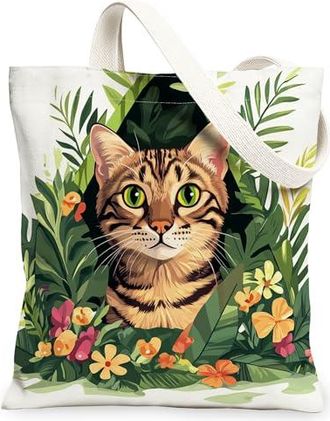 Generic Sac fourre-tout en toile motif chat du Bengale printanier, 33 x 38,1 cm, sac d&eacute;picerie r&eacute;utilisable pour femme, joli motif de feuille danimal domestiq