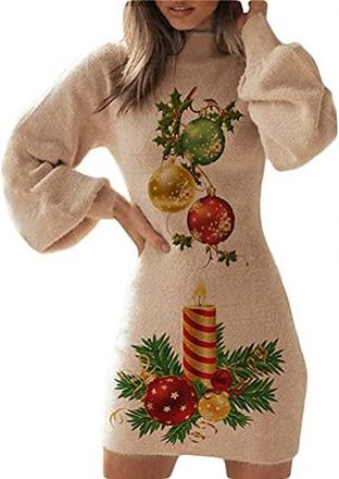 Minetom Robe De Noël Femme Pull Tricoté Col V Lanterne Manche Longue À Col Haut Imprimé De Noël Soirée C Kaki 3 S