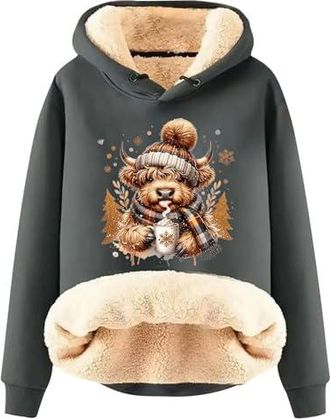 Generic Pull à capuche de Noël pour femme Motif vache Highland mignon imprimé fantaisie à manches longues Pull décontracté ample doux chaud en polaire Sherpa 