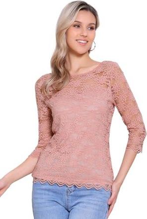 Allegra K Haut en Dentelle Florale Femme Manches 3/4 Col Rond Chemisier D&eacute;contract&eacute; &Eacute;l&eacute;gant Blouse en Dentelle Rose XS
