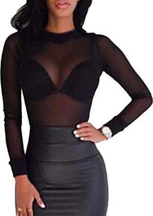 ORANDESIGNE Femme Mesh Crop Top Y2k Sexy Transparent Haut T-Shirt en R&eacute;sille Perspectif Manches Longues Dentelle Slim Fit F&ecirc;te Blouse Clubwear I Noir L