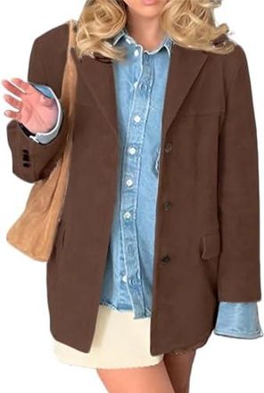 ORANDESIGNE Blazer en Cuir Suédé Femme Veste en Faux Daim Revers Manches Longues Mode Automne-Hiver Vestes de Costume A Café L