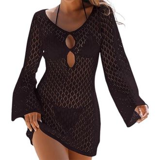 Generic Robe d&eacute;t&eacute; pour femme - Col en V textur&eacute; - Manches longues - Vacances - Robe courte - Plage - Protection solaire - Jupe dos nu, caf&eacute;, S
