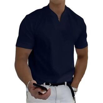 Generic T-shirt &eacute;l&eacute;gant &agrave; manches courtes pour homme 2025 avec col en V classique, bleu marine, 4XL