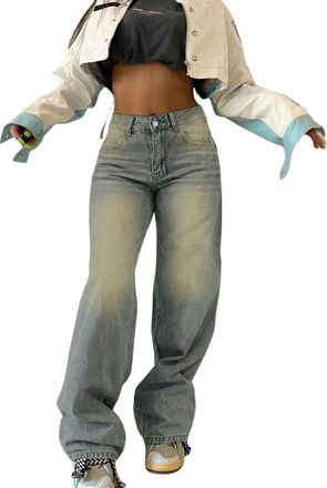 SOLY HUX Jeans Hose Damen Weite Jeanshose Retro Denimhose High Waist Denim Geradehose mit Taschen Freizeithose Streatwear Hellblau XS