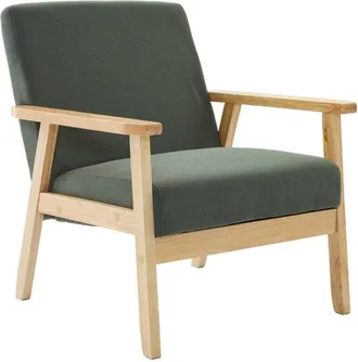Sweeek Fauteuil vintage / scandinave structure en bois et contreplaqu&eacute; et assise en velours c&ocirc;tel&eacute; vert kaki