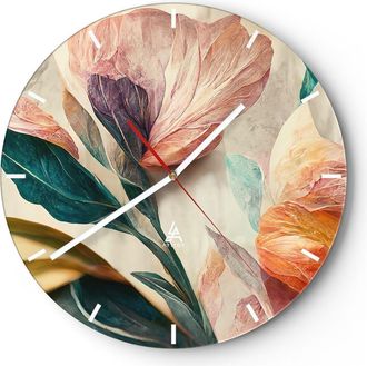 Arttor Modern Wanduhr Blumen Jahrgang Botanik 30x30cm Rund Klein Wand Uhr Glas Analog Zimmeruhren K&uuml;che B&uuml;ro Wohnzimmer Glasuhr Wall Clock Dekoration Design 
