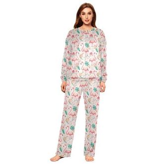 Alaza Ensemble de pyjama en polaire pour femme, motif hibou, lune et nuages, vêtements de détente deux pièces, vêtements de nuit, pyjama thermique super dou