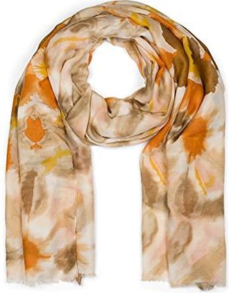 styleBREAKER Echarpe pour femmes avec motif de fleurs batik colorées et courtes franges, écharpe légère, étole 01016212, couleur:Orange-beige