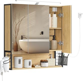 Vasagle Spiegelschrank Bad mit Beleuchtung, 14,5 x 70 x 70 cm, Stecker, Hängekorb, Haartrockner-Halter, Spiegelschrank, Badschrank, Wandschrank, für Badezimme