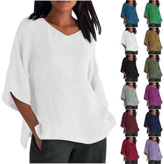 Generic Haut en lin blanc pour femme, t-shirt en coton pour femme - Chemises de couleur unie basique avec fentes lat&eacute;rales - Chemise confortable en mousseline