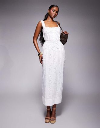 Asos Robe longue en broderie anglaise &agrave; encolure carr&eacute;e et d&eacute;tail &agrave; la taille - Blanc