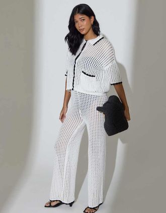 South Beach Pantalon ample en maille au crochet &agrave; revers - Blanc