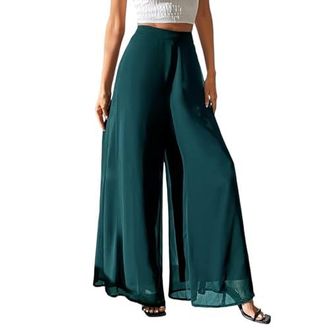 Generic Robe de plage en mousseline de soie pour femme - Pantalon palazzo ample et &eacute;l&eacute;gant - Taille &eacute;lastique avec poches, bleu 2, XXL