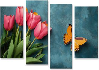 Islandburner Prime Bild auf Leinwand Leuchtender gelber Schmetterling auf pinken Tulpen vor Strukturiertem blauen Hintergrund Bilder Wandbilder Poster
