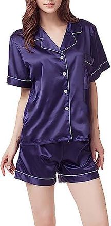 Generic Ensemble de pyjama en satin soyeux &agrave; manches courtes pour femme - V&ecirc;tements de nuit en satin pour femmes - Ensembles de v&ecirc;tements de d&eacute;tente petite et