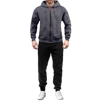 Generic Ensemble complet de sport 2026 pour homme - Couleur unie - Sweat &agrave; capuche multi-fermeture &eacute;clair avec pantalon de jogging - Automne - Deux pi&egrave;ces - V