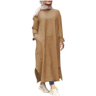 Generic Robe d&eacute;t&eacute; pour femme musulmane Abaya &agrave; manches longues avec boutonni&egrave;re - Robe d&eacute;contract&eacute;e Duba&iuml;, kaki, 4XL