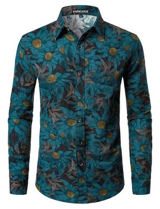 PARKLEES Chemise en coton et lin pour homme Style disco ann&eacute;es 70 motif traditionnel imprim&eacute; &agrave; manches longues, L
