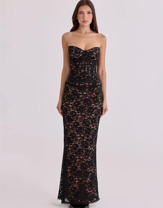 House of CB Solaine - Robe corset longue en dentelle - Noir et blush