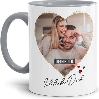 Tassendruck Tasse mit Spruch - Ich Liebe Dich - zum Selbst gestalten mit Zwei Fotos in Herzform - Geschenkidee für den Partner, Innen & Henkel Grau, 300 ml