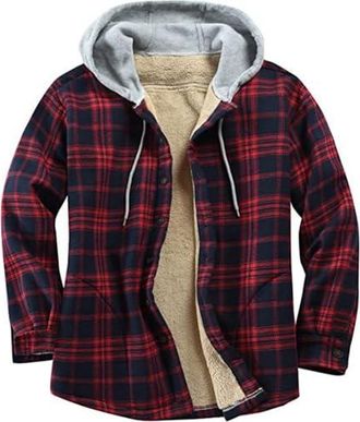 Generic Veste en flanelle pour homme avec capuche doubl&eacute;e Sherpa et doublure polaire, Carreaux rouges et bleus, XL