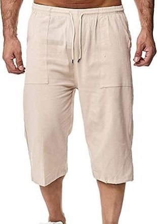 Minetom Homme Été Pantalon en Lin Lâche Capri Shorts Bermudas 3/4 Pantacourt Baggy Cargo Pants Large Cordon de Serrage A Kaki M