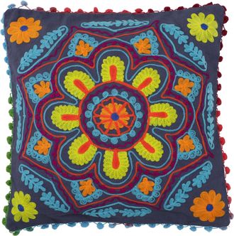 Guru Shop Boho Kissenh&uuml;lle, Farbenfrohes Besticktes Folklore Kissen im Mexikanischem Style - Taubenblau/gelb, Baumwolle, 40x40x0 cm